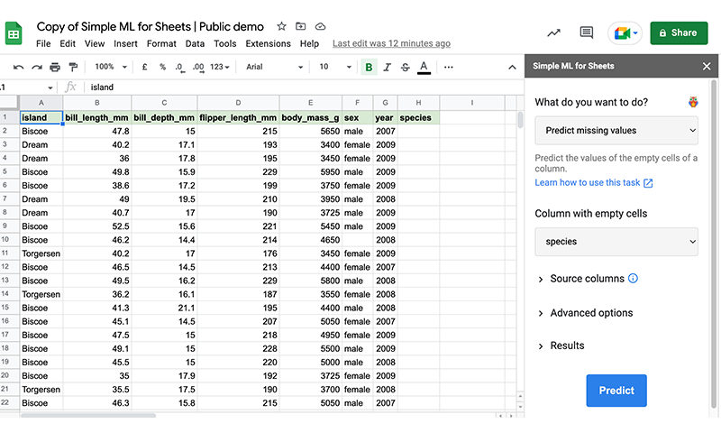 Predict Missing Values Tutorial SimpleML For Sheets Documentation